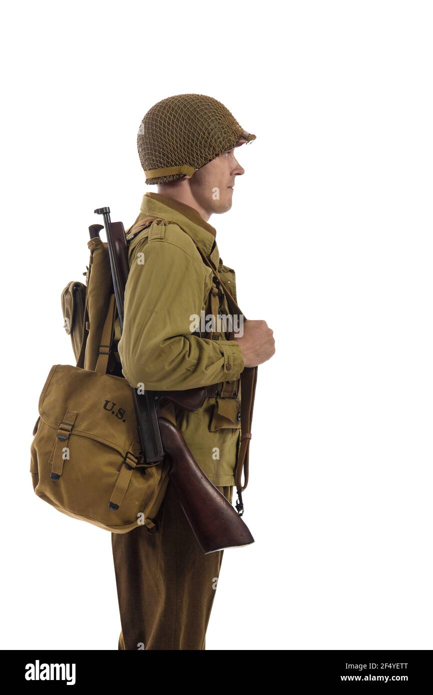 Male actor in military uniform of American ranger of World War II ...