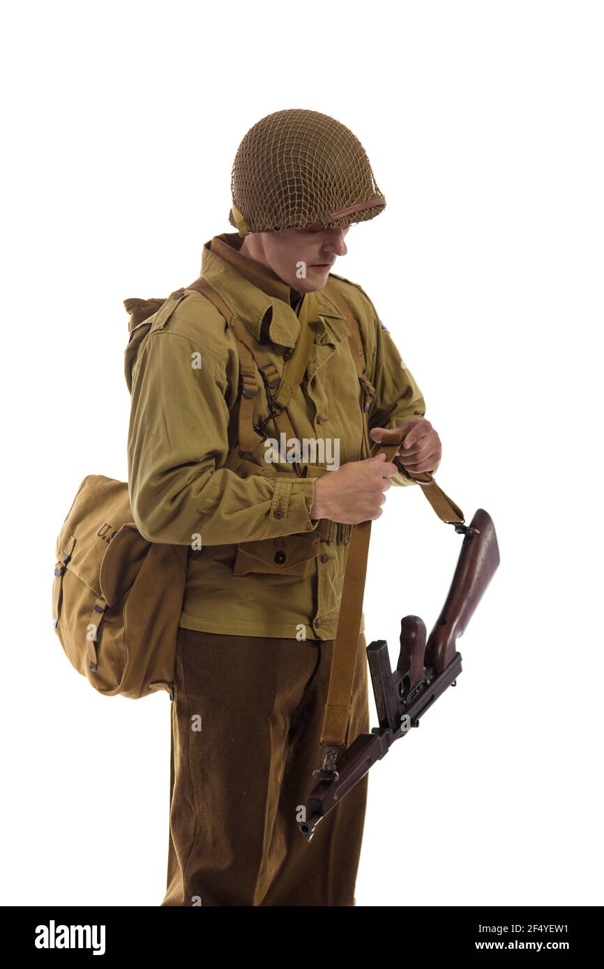 Male actor in military uniform of American ranger of World War II ...