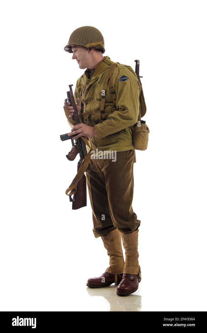 Male actor in military uniform of American ranger of World War II ...