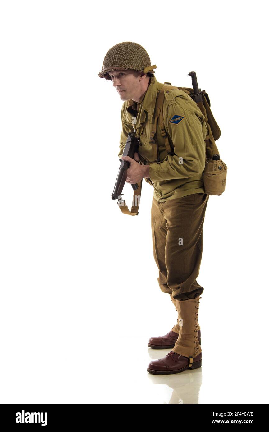Male actor in military uniform of American ranger of World War II ...