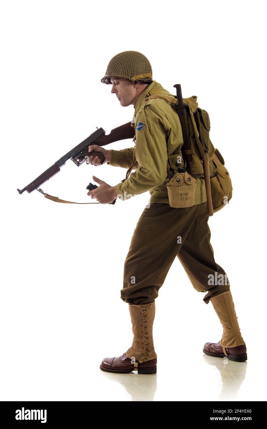 Male actor in military uniform of American ranger of World War II ...