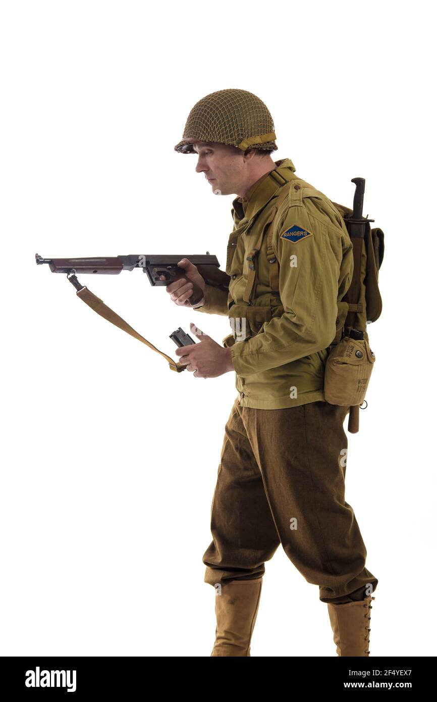 Male actor in military uniform of American ranger of World War II ...