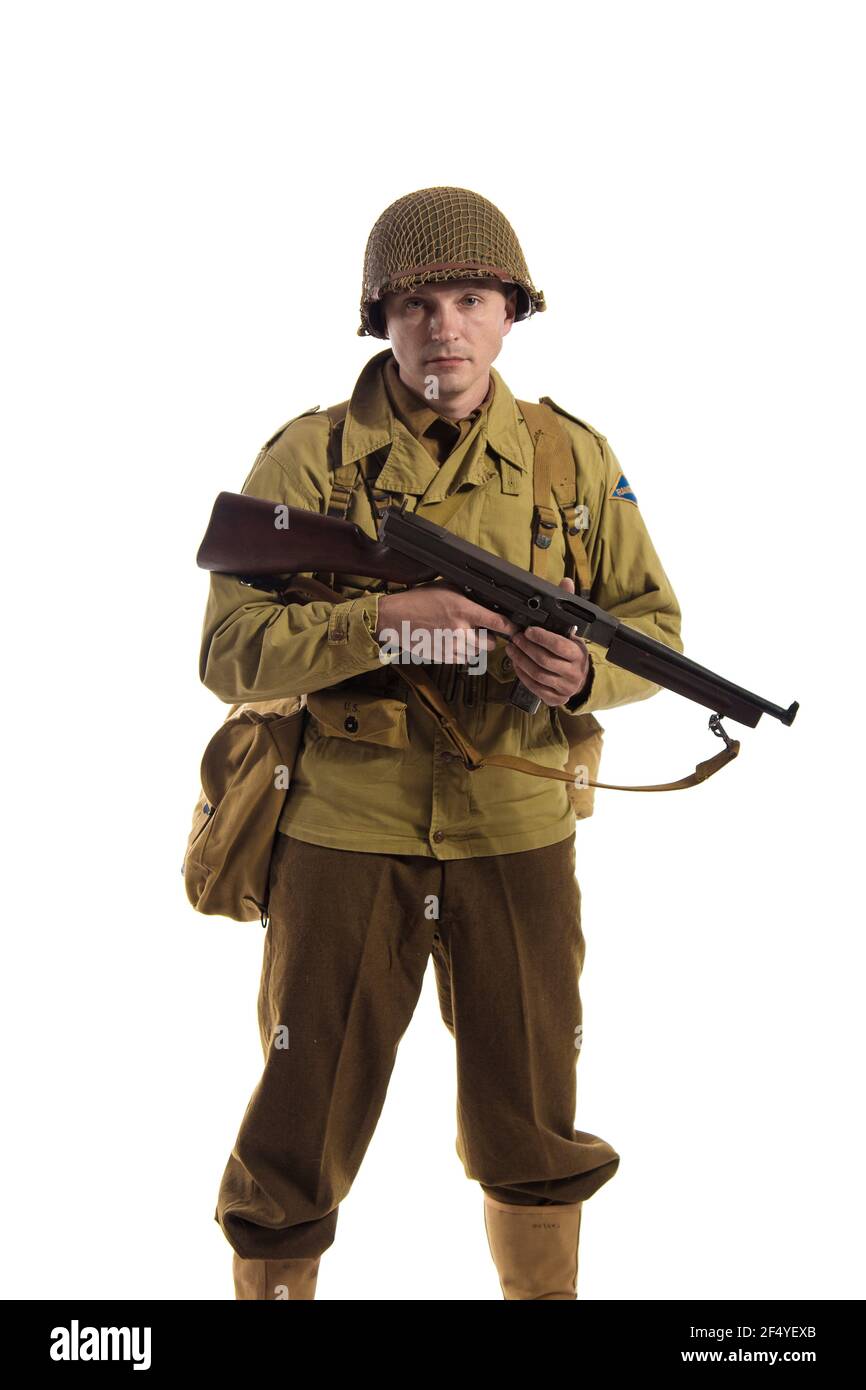 Male actor in military uniform of American ranger of World War II ...