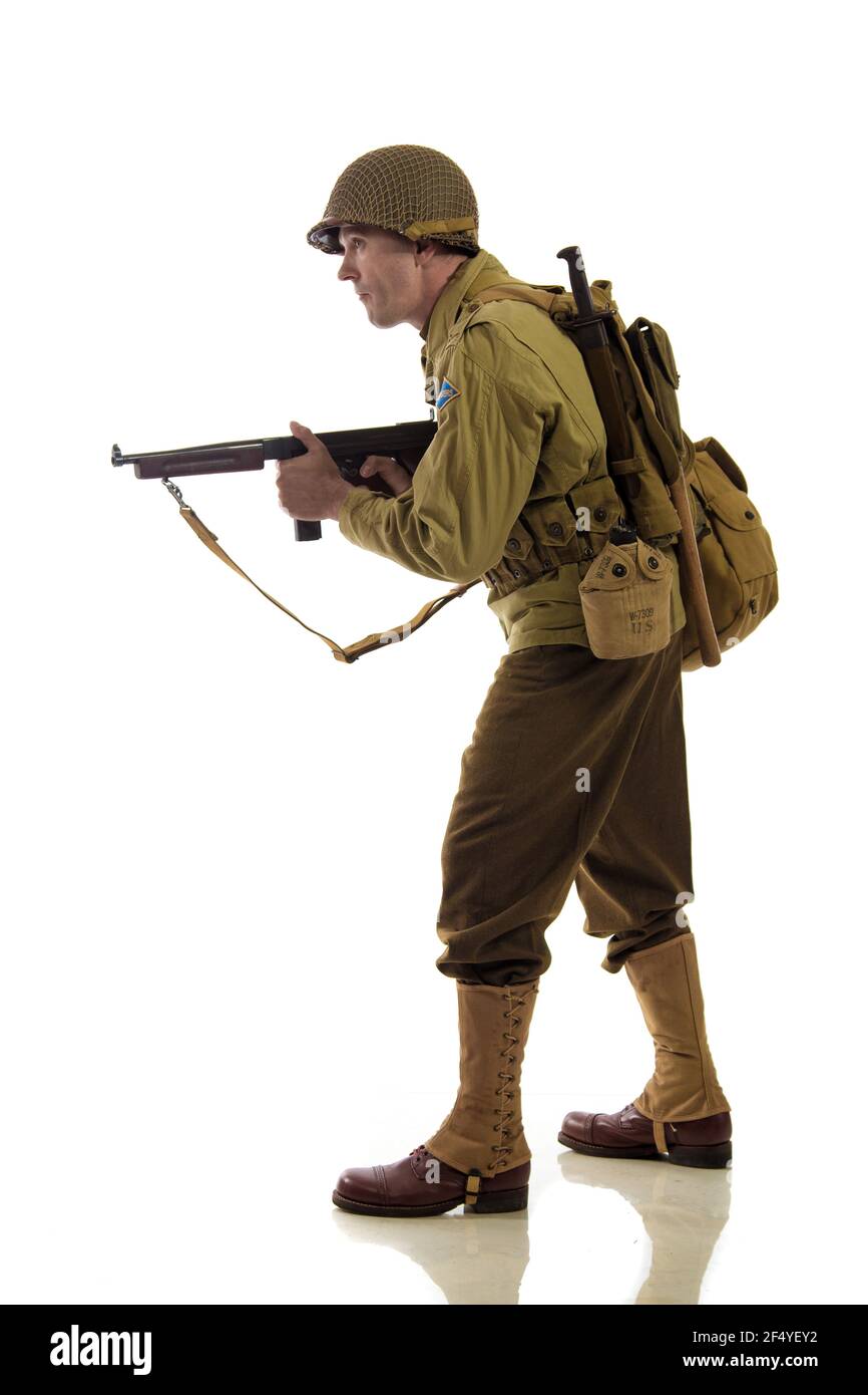 Male actor in military uniform of American ranger of World War II ...