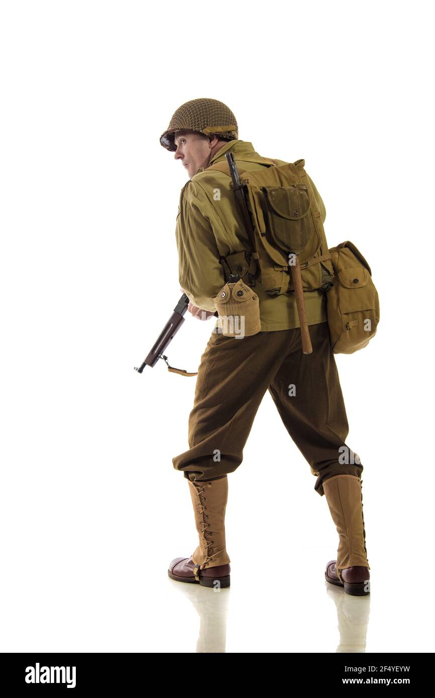 Male actor in military uniform of American ranger of World War II ...