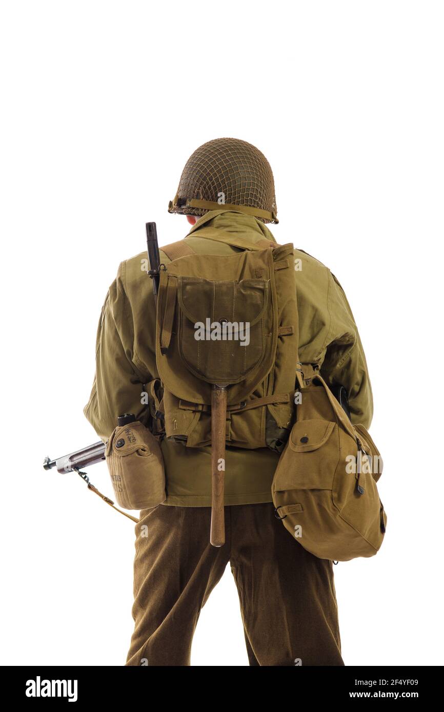 Male actor in military uniform of American ranger of World War II ...