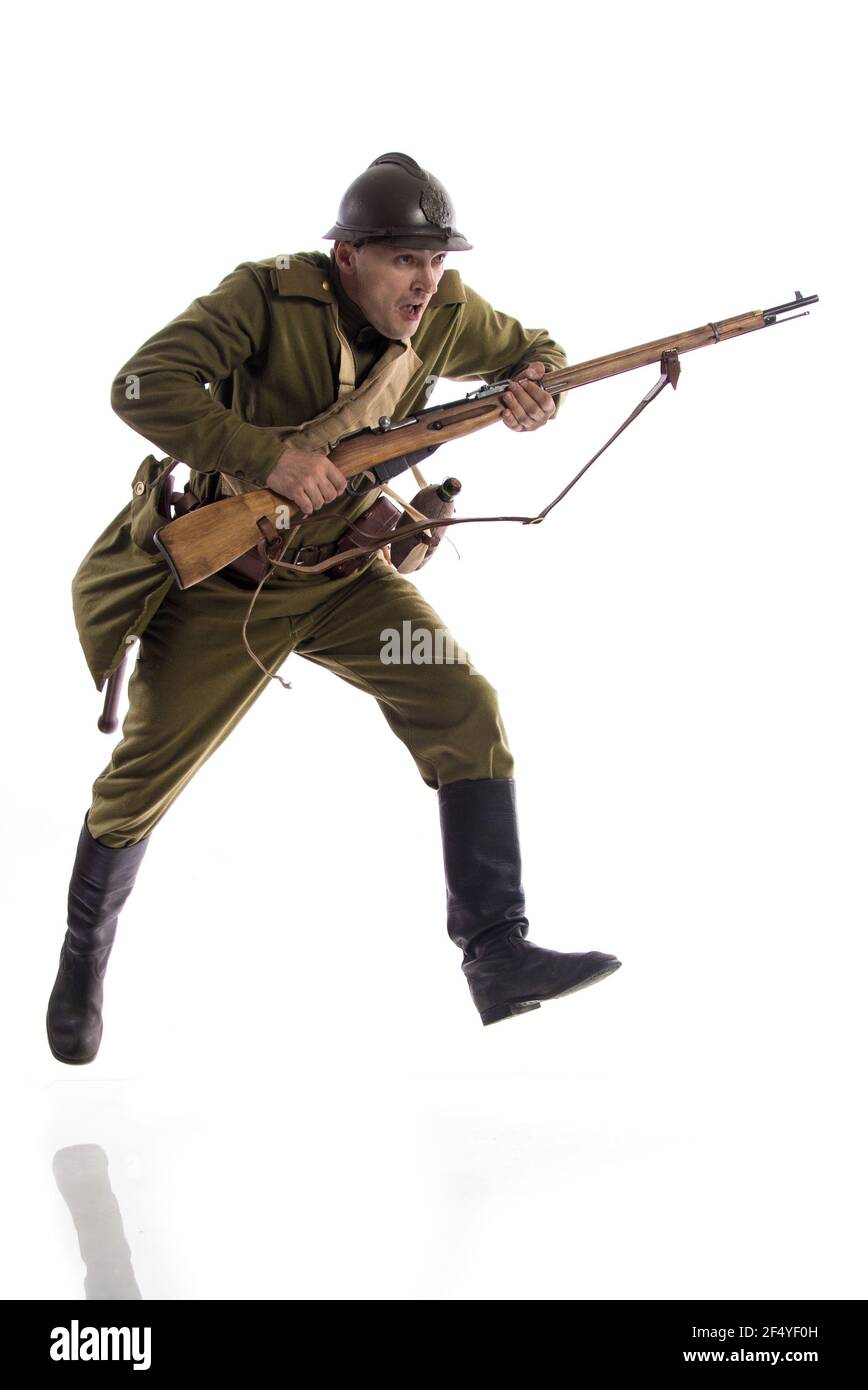 Male actor in uniform and helmet ordinary soldier of Russian army ...