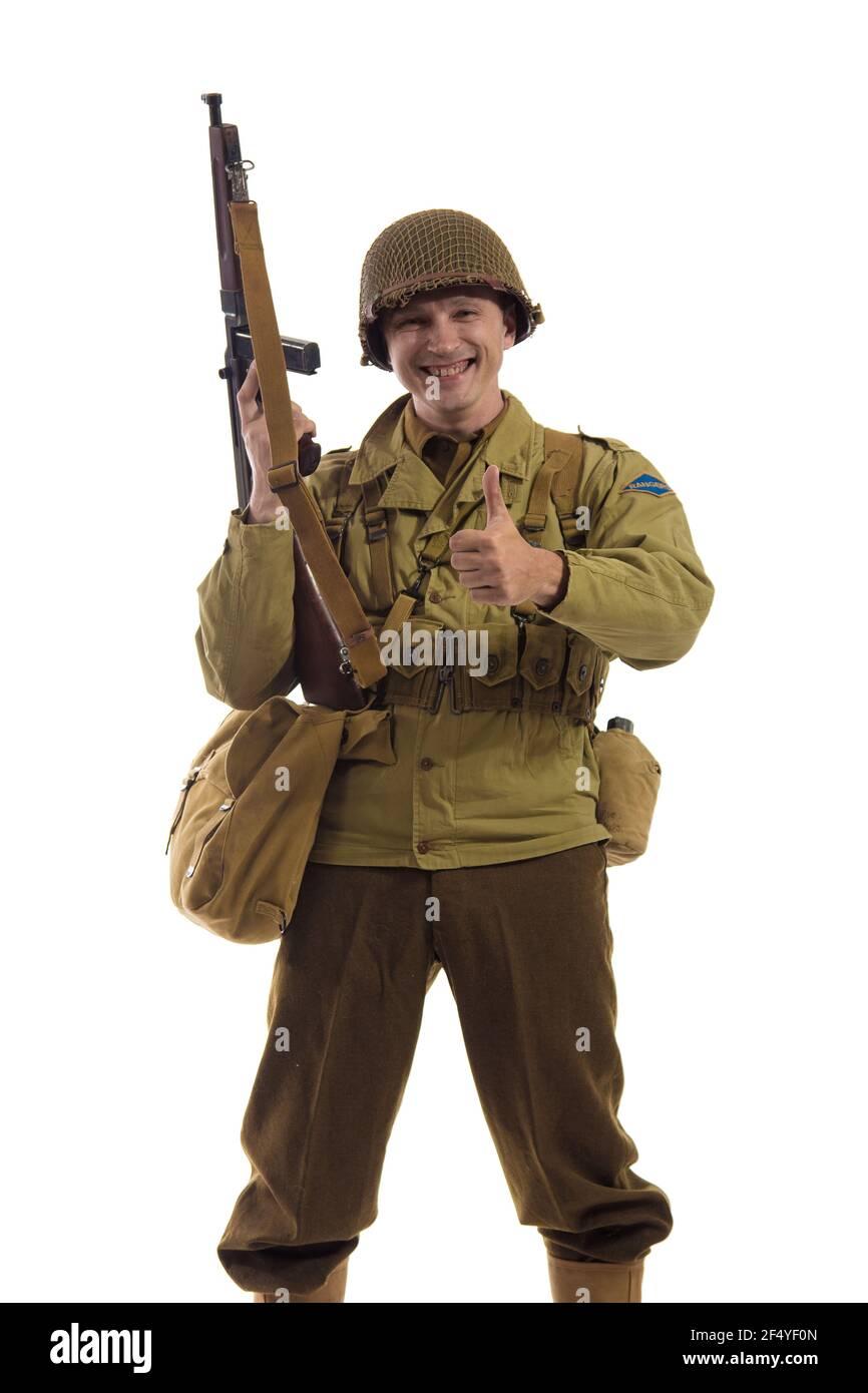 Male actor in military uniform of American ranger of World War II ...
