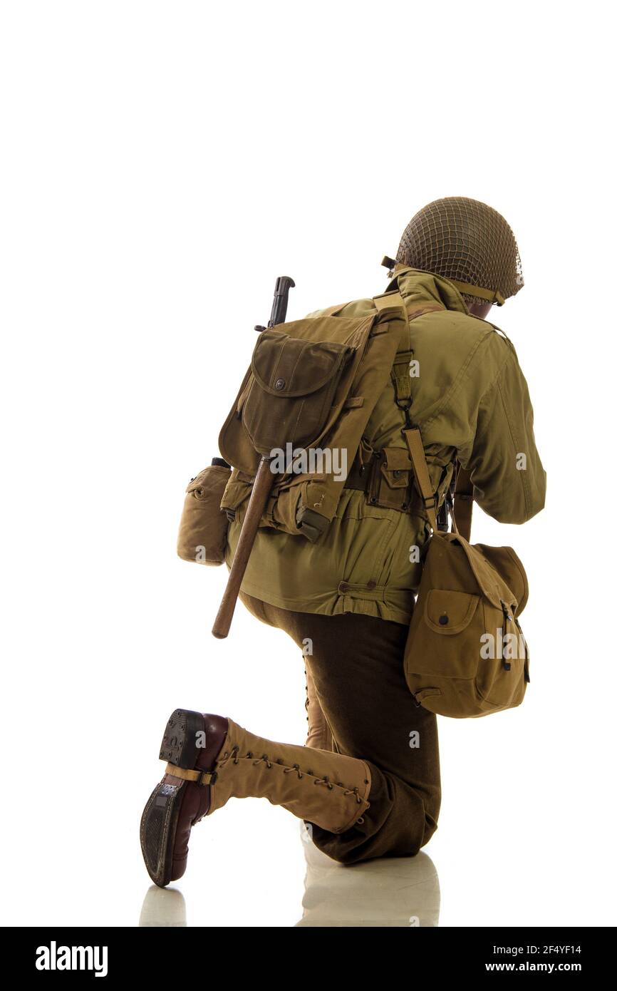 Male actor in military uniform of American ranger of World War II ...