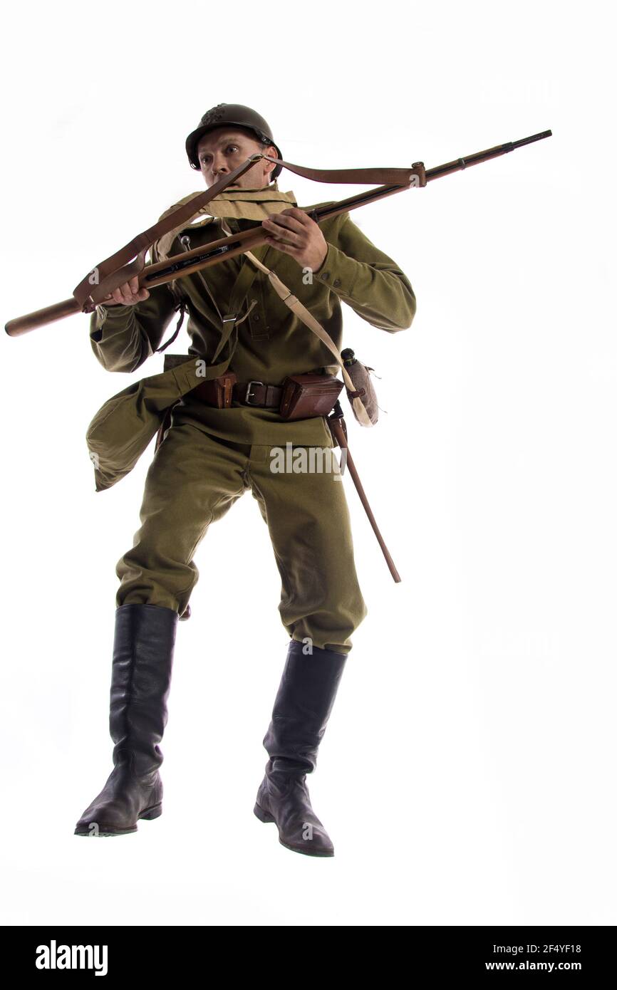 Caricatured changes Male actor in uniform and helmet ordinary soldier ...