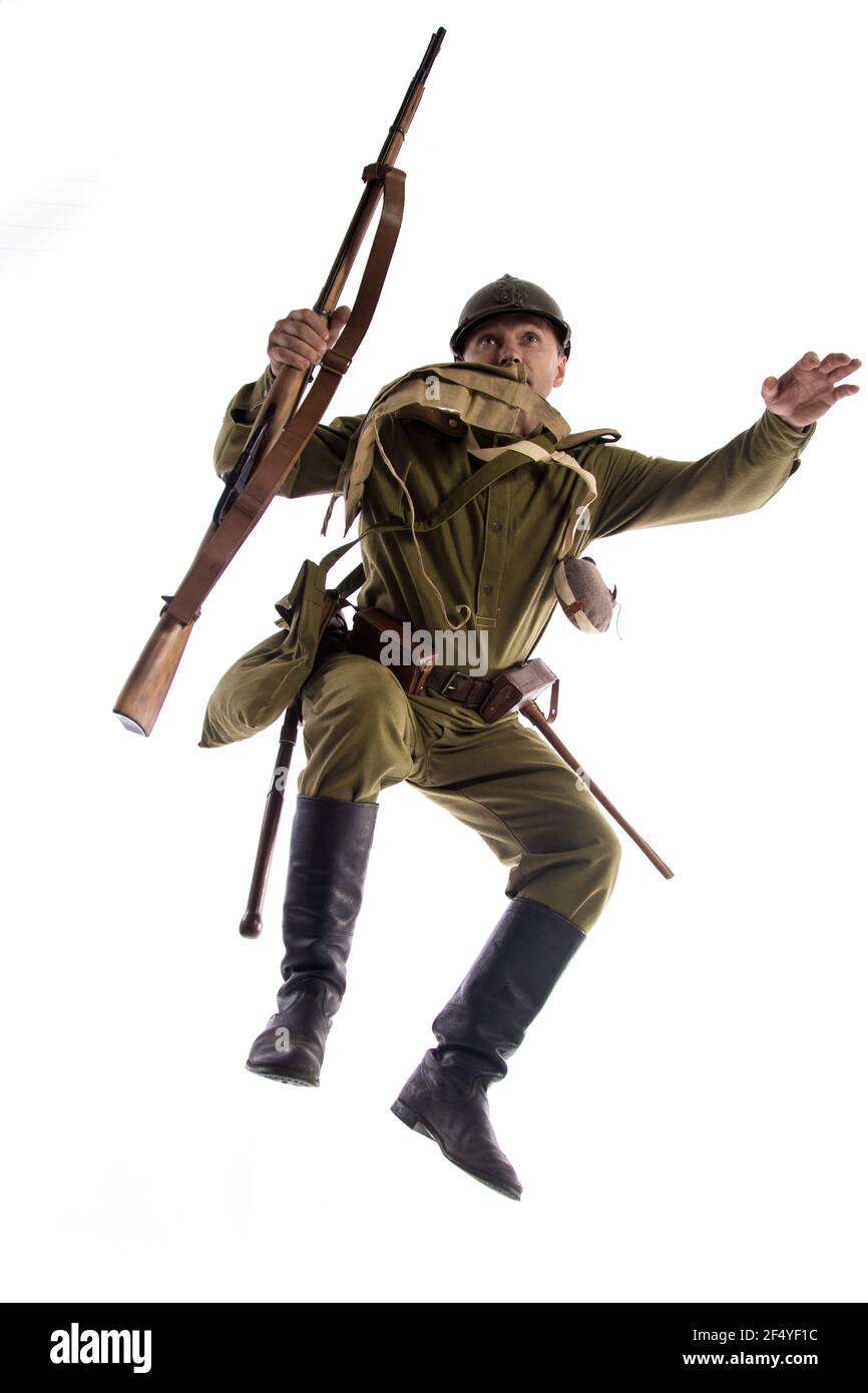 Male actor in uniform and helmet ordinary soldier of Russian army ...