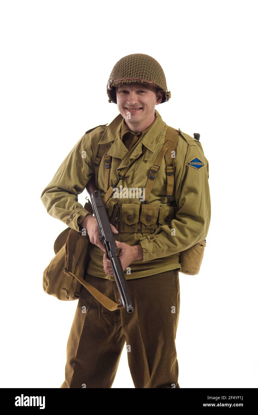 Male actor in military uniform of American ranger of World War II ...