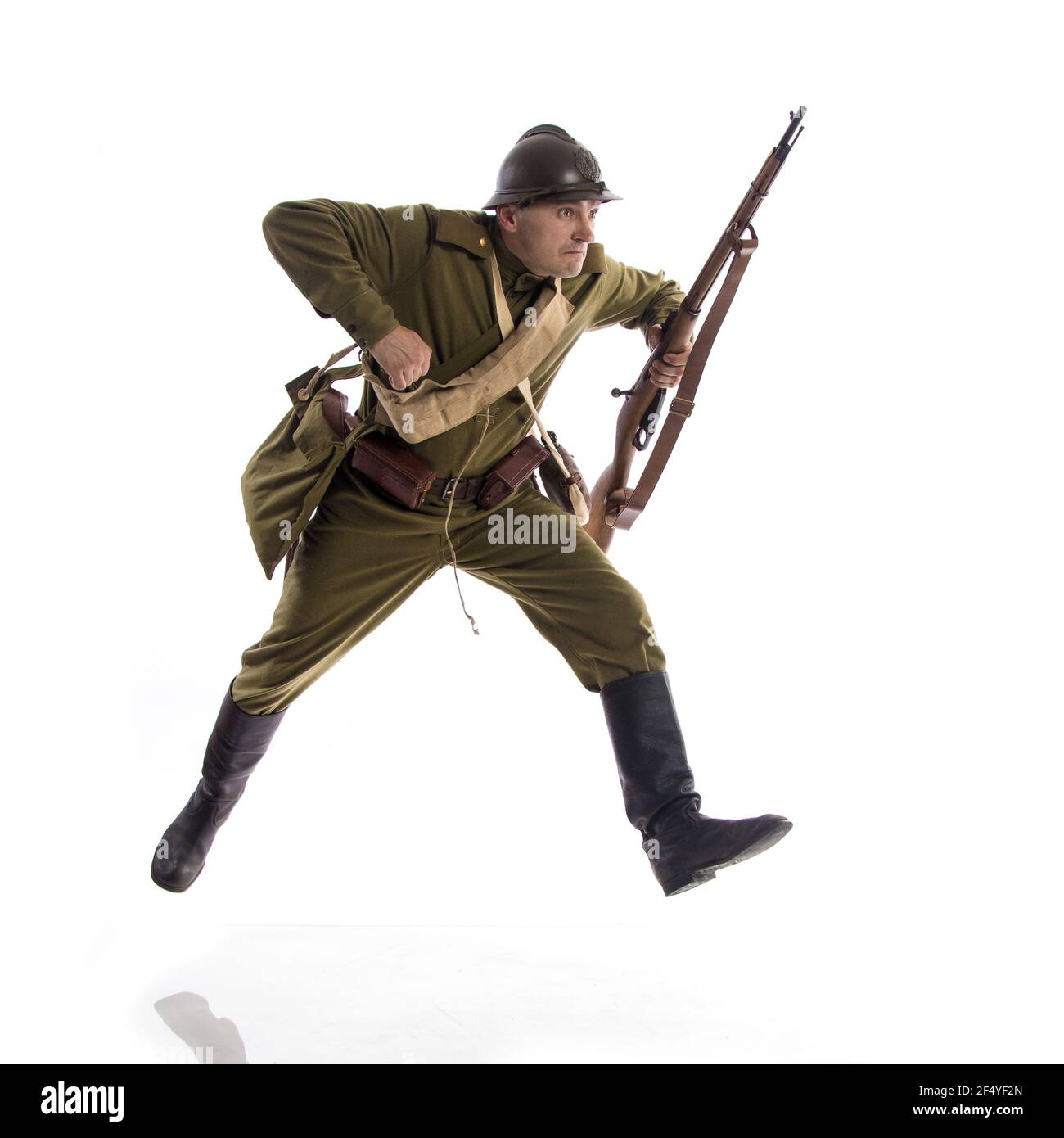 Male actor in uniform and helmet ordinary soldier of Russian army ...