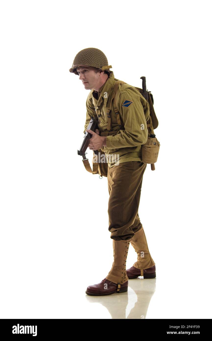 Male actor in military uniform of American ranger of World War II ...