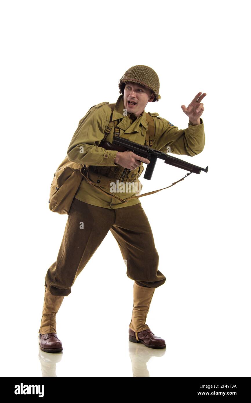 Male actor in military uniform of American ranger of World War II ...