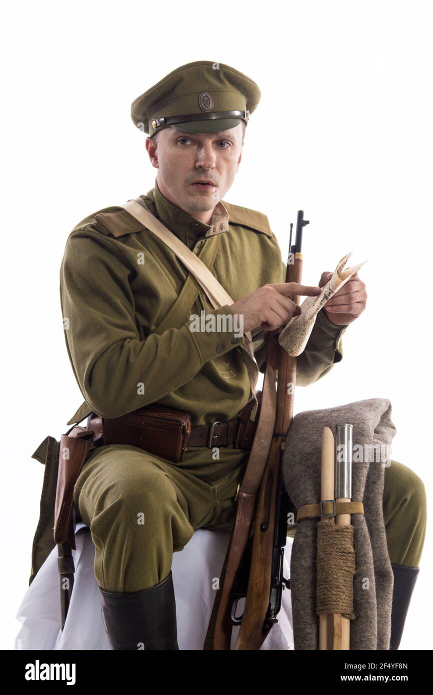 Male actor in the form of an ordinary soldier of the Russian army ...