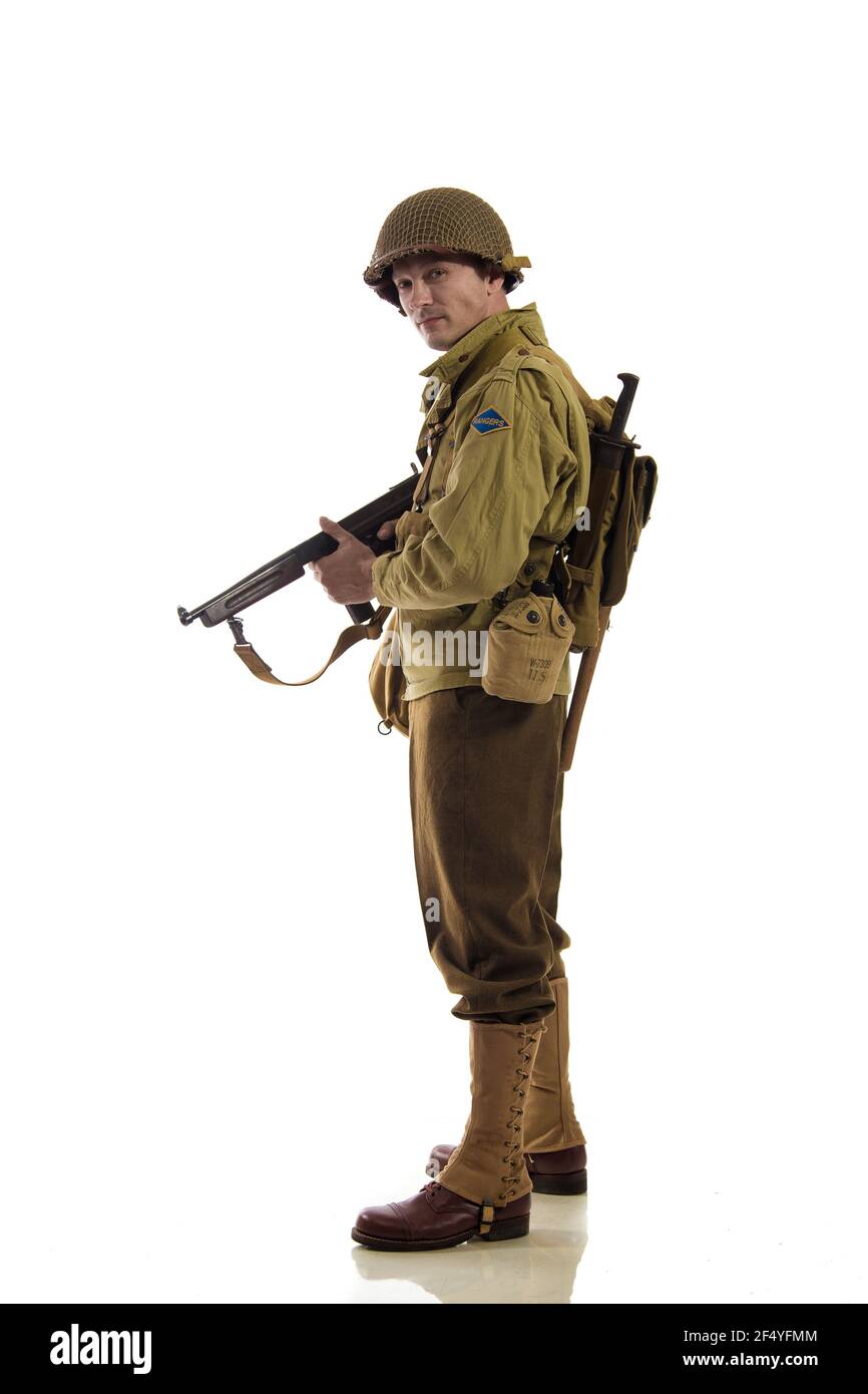Male actor in military uniform of American ranger of World War II ...