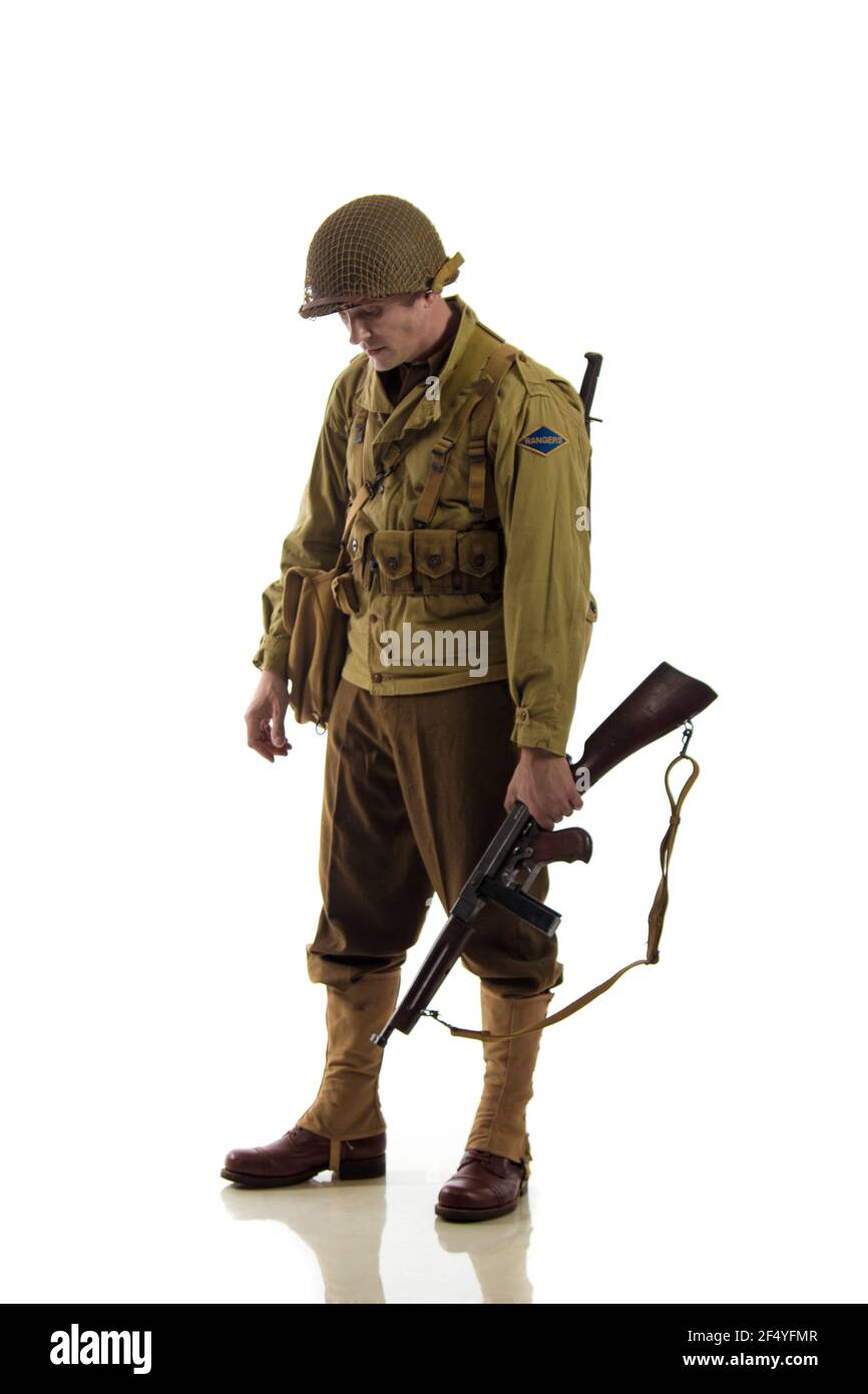 Male actor in military uniform of American ranger of World War II ...