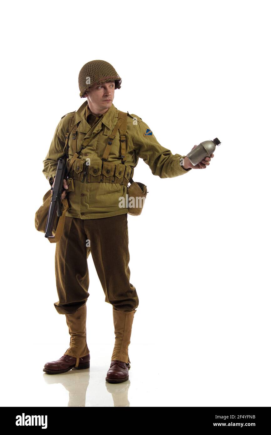 Male actor in military uniform of American ranger of World War II ...