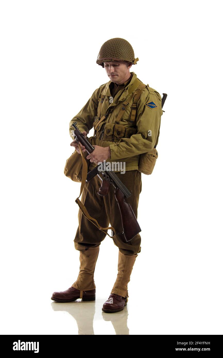 Male actor in military uniform of American ranger of World War II ...