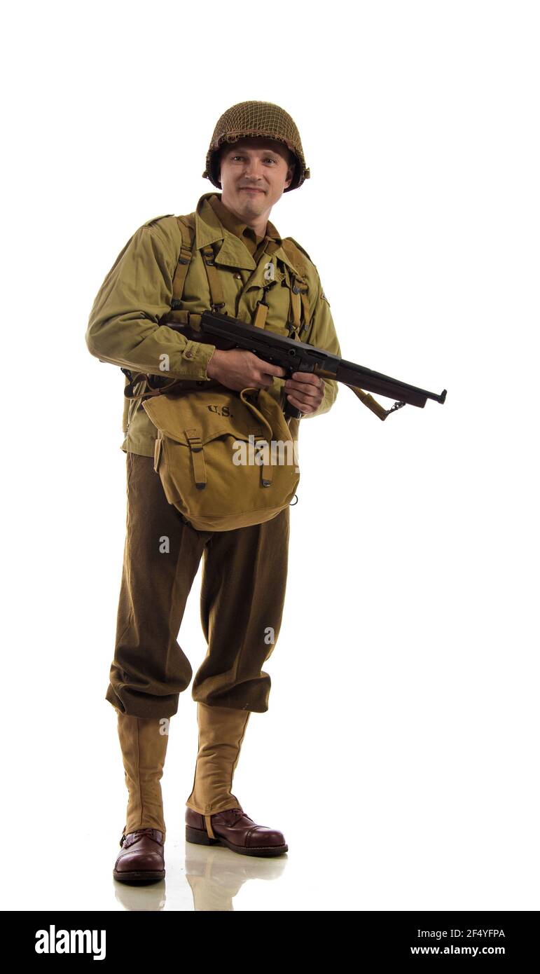 Male actor in military uniform of American ranger of World War II ...