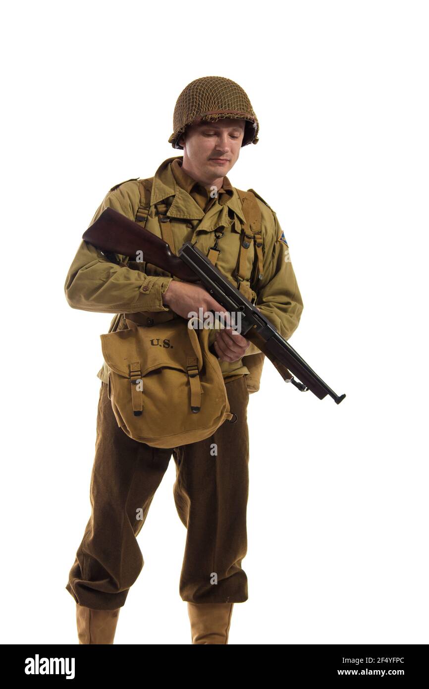 Male actor in military uniform of American ranger of World War II ...