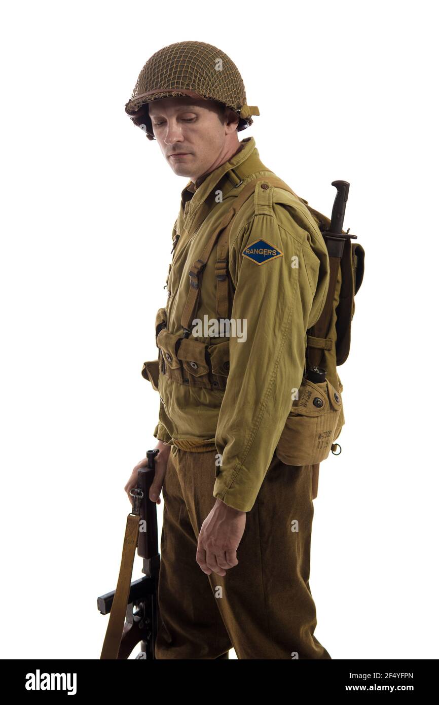 Male actor in military uniform of American ranger of World War II ...