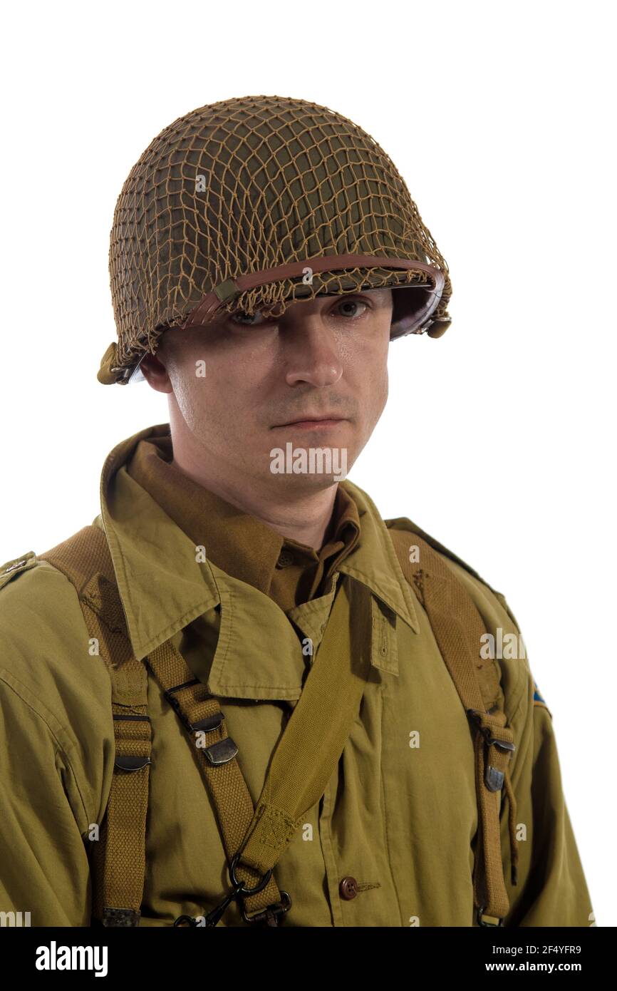 Male actor in military uniform of American ranger of World War II ...