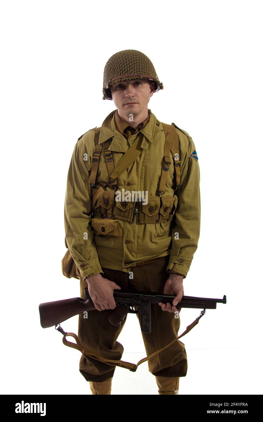 Male actor in military uniform of American ranger of World War II ...