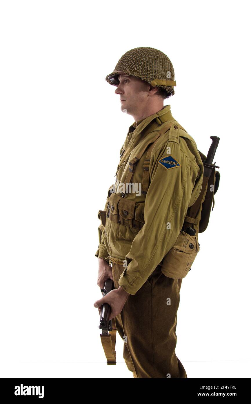 Male actor in military uniform of American ranger of World War II ...