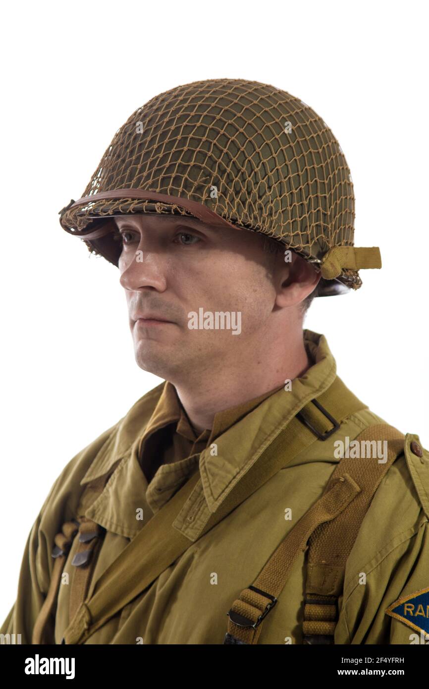 Male actor in military uniform of American ranger of World War II ...
