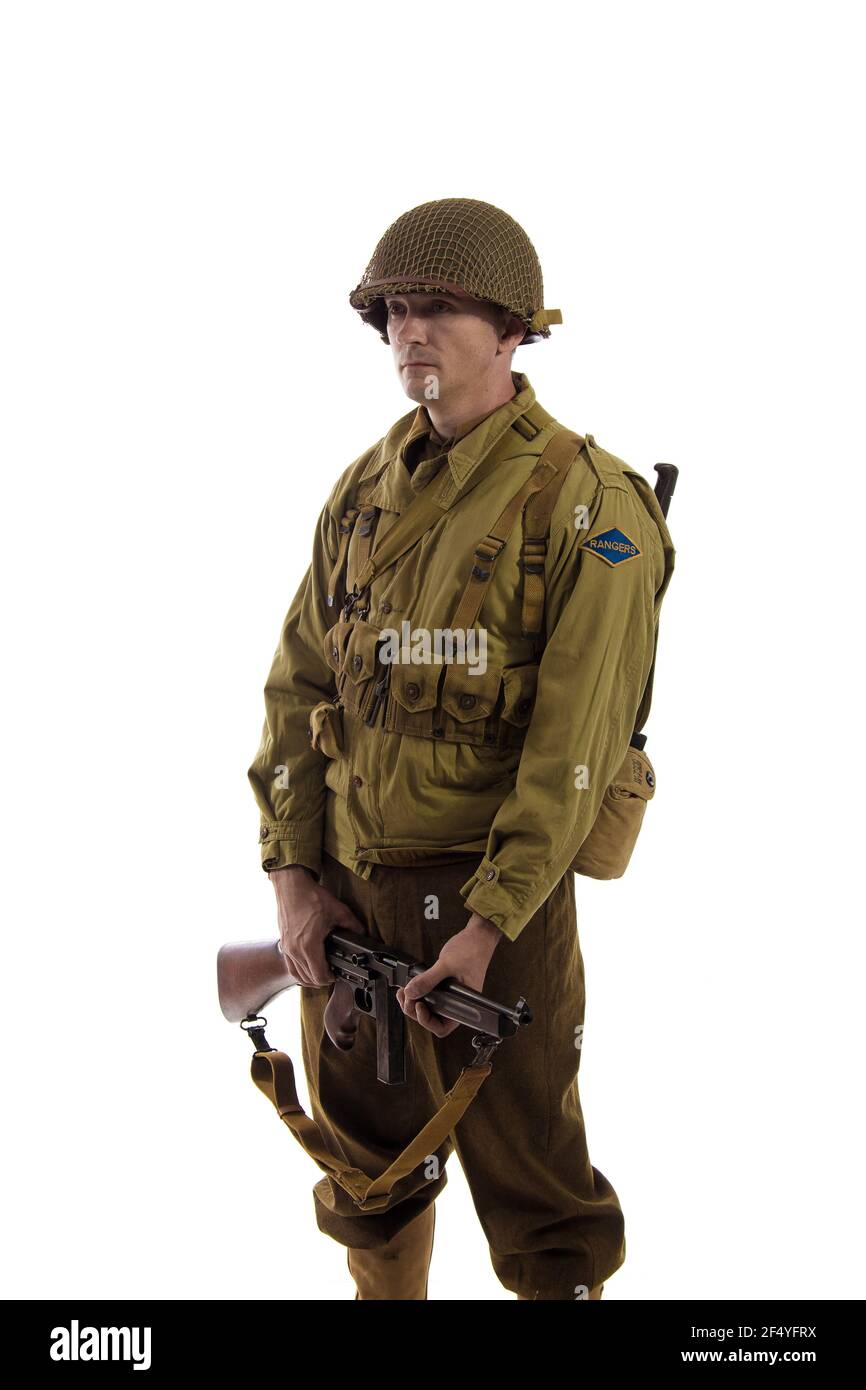 Male actor in military uniform of American ranger of World War II ...
