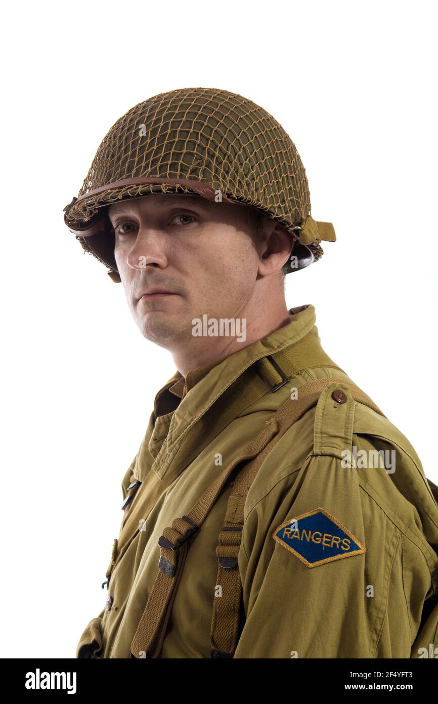 Male actor in military uniform of American ranger of World War II ...