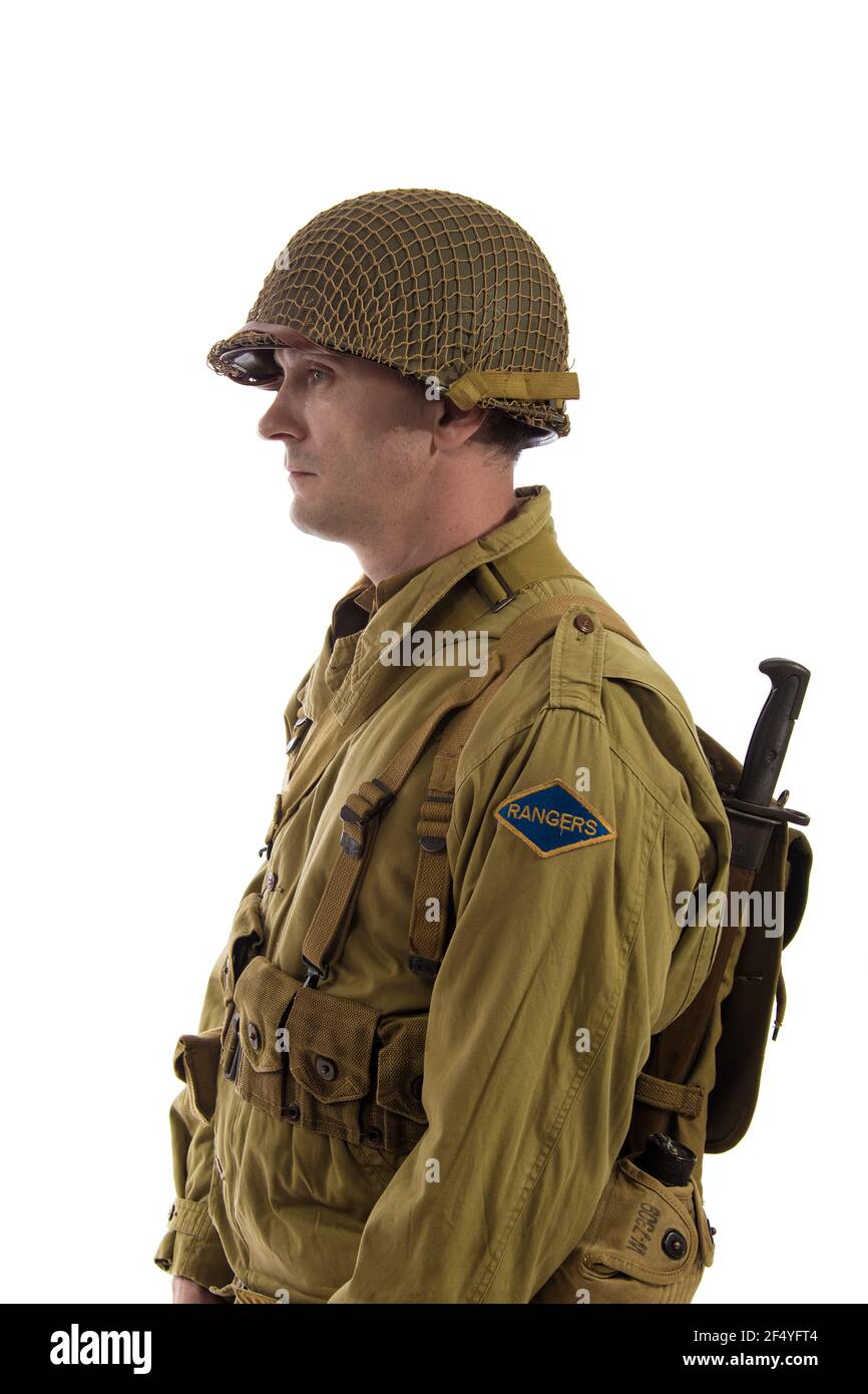 Male actor in military uniform of American ranger of World War II ...