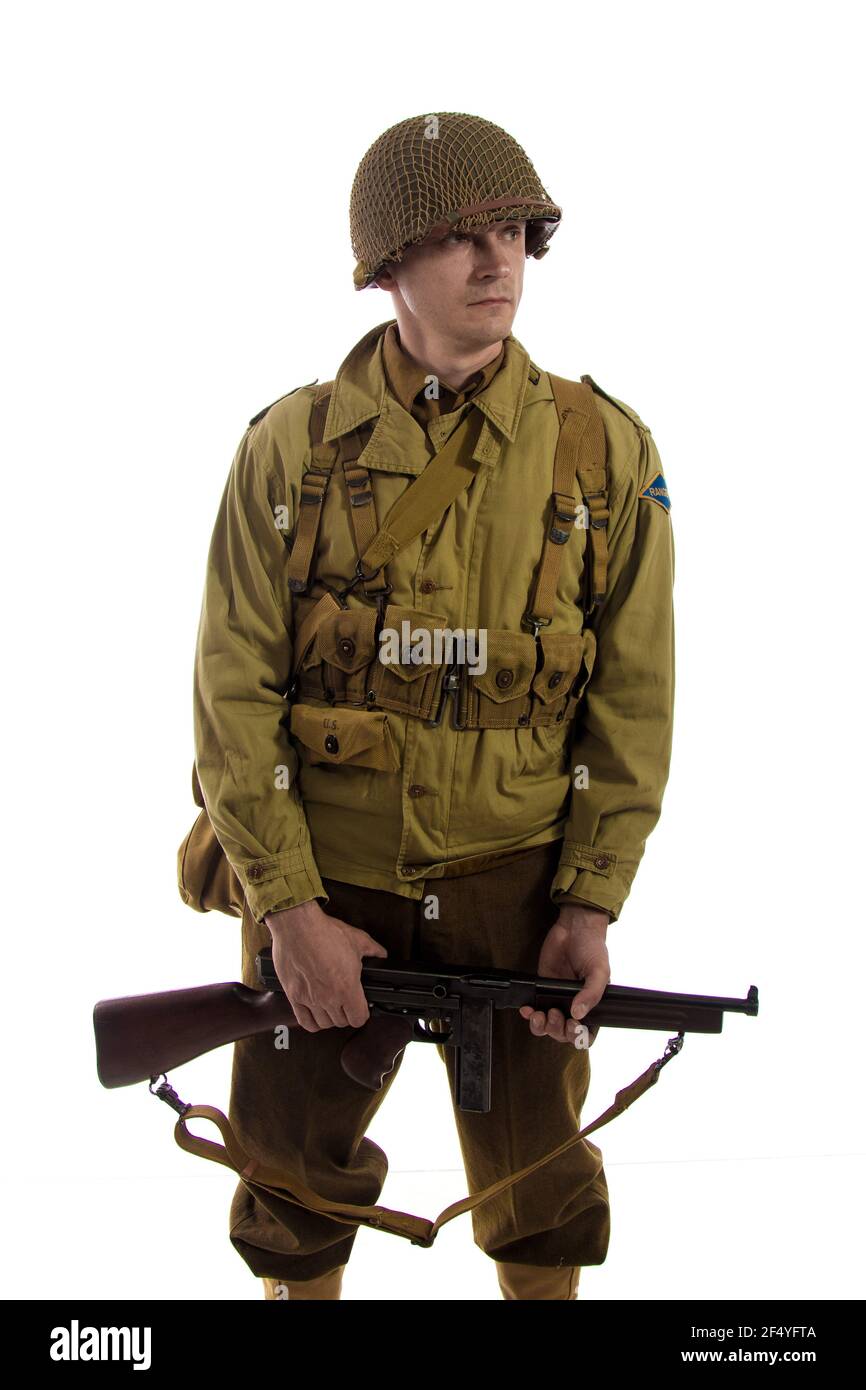Male actor in military uniform of American ranger of World War II ...