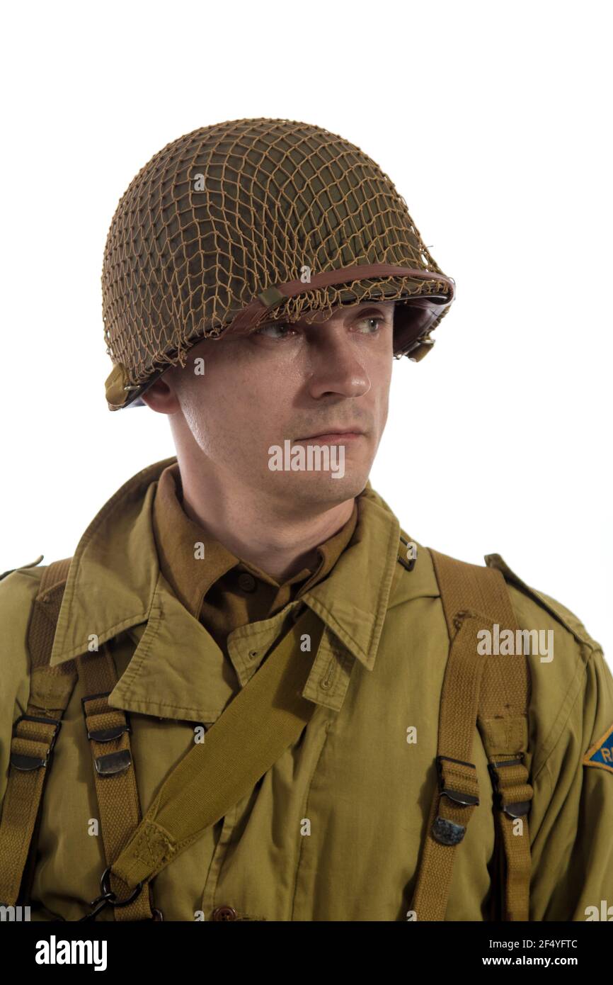 Male actor in military uniform of American ranger of World War II ...