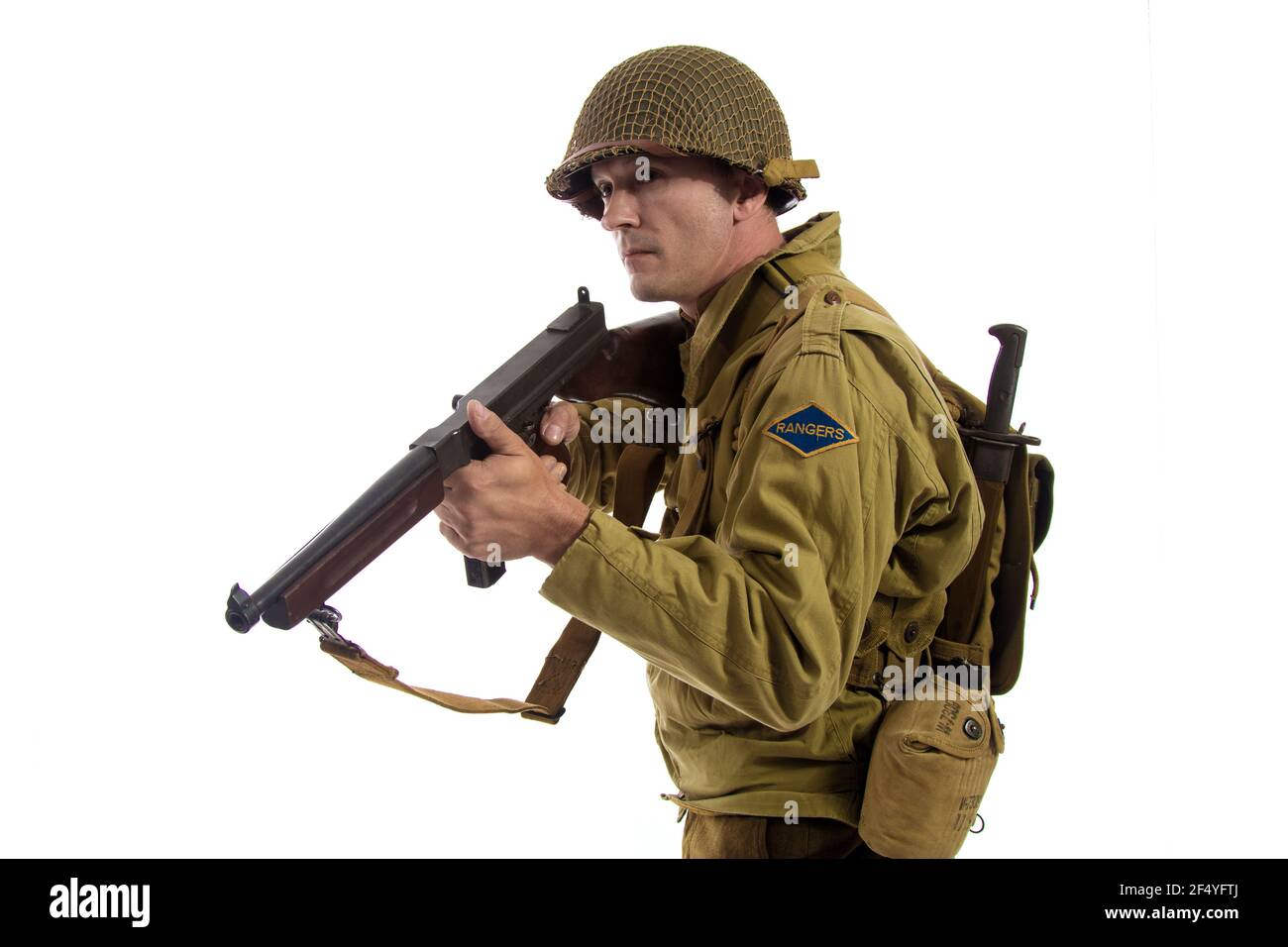 Male actor in military uniform of American ranger of World War II ...