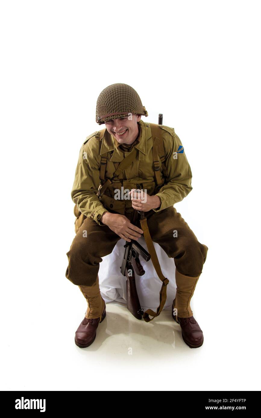 Male actor in military uniform of American ranger of World War II ...