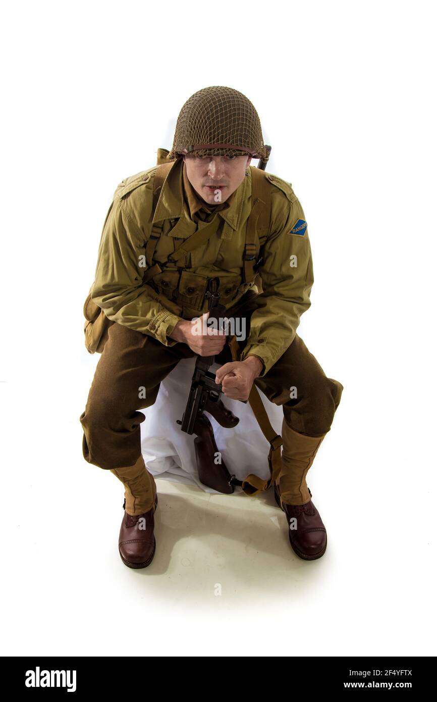 Male actor in military uniform of American ranger of World War II ...