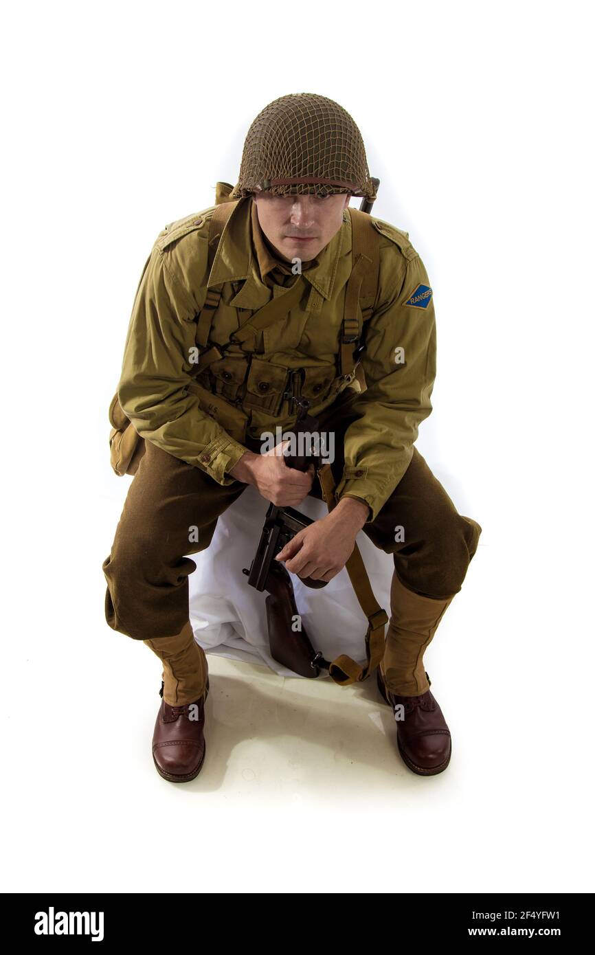 Male actor in military uniform of American ranger of World War II ...