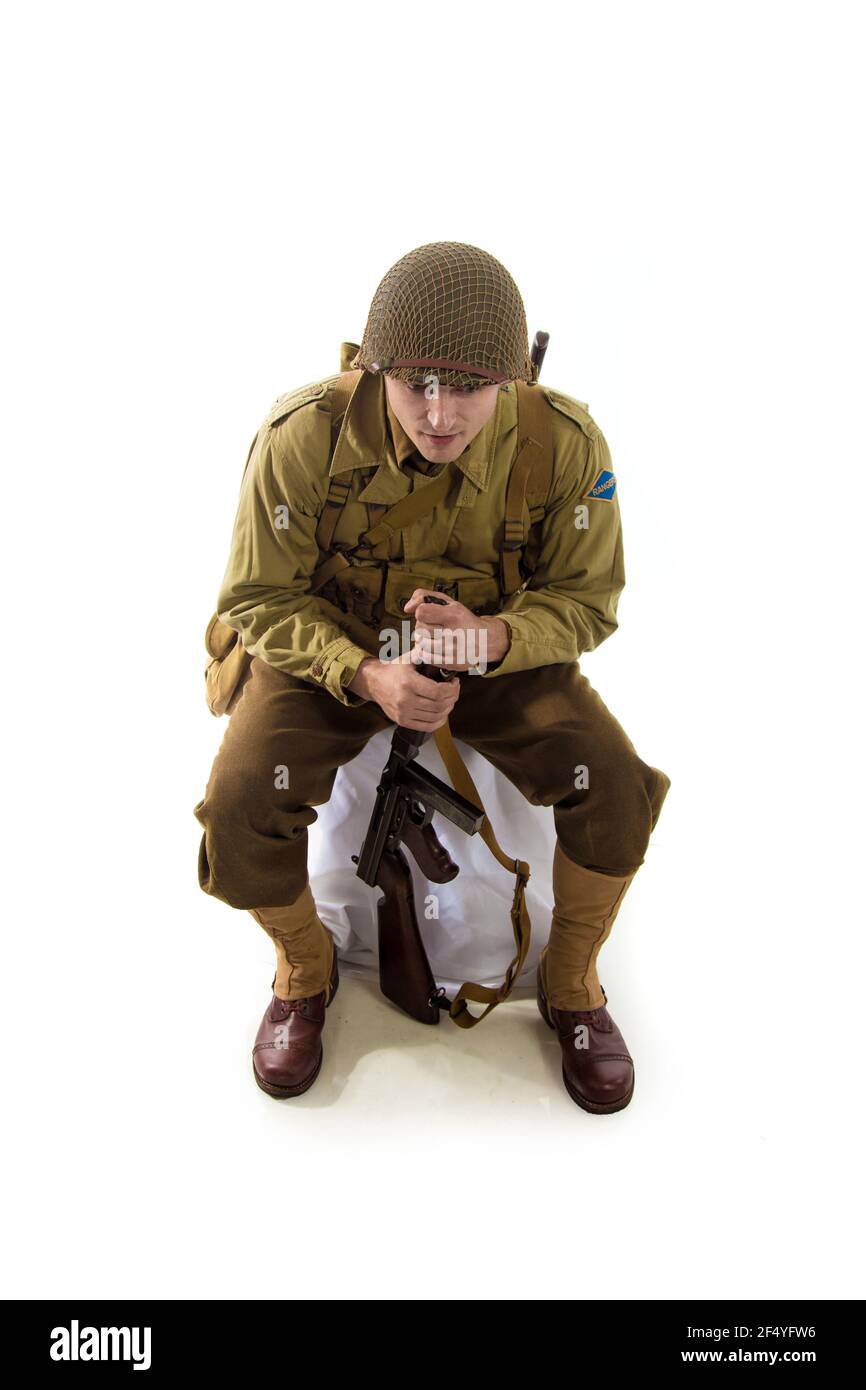 Male actor in military uniform of American ranger of World War II ...