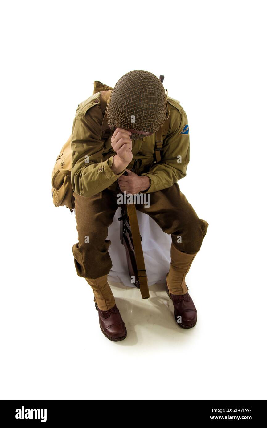 Male actor in military uniform of American ranger of World War II ...