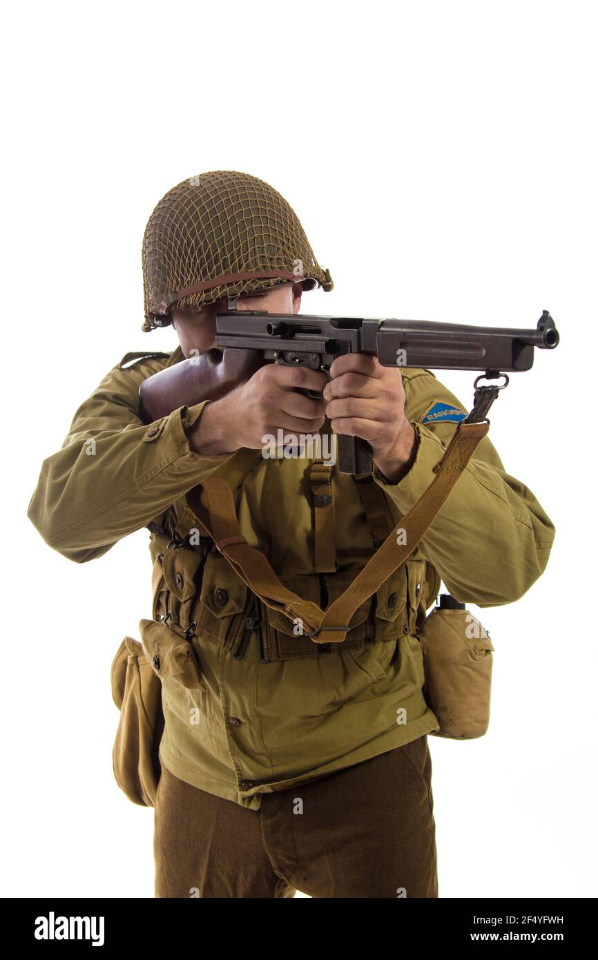 Male actor in military uniform of American ranger of World War II ...