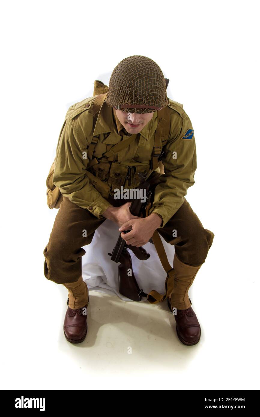 Male actor in military uniform of American ranger of World War II ...