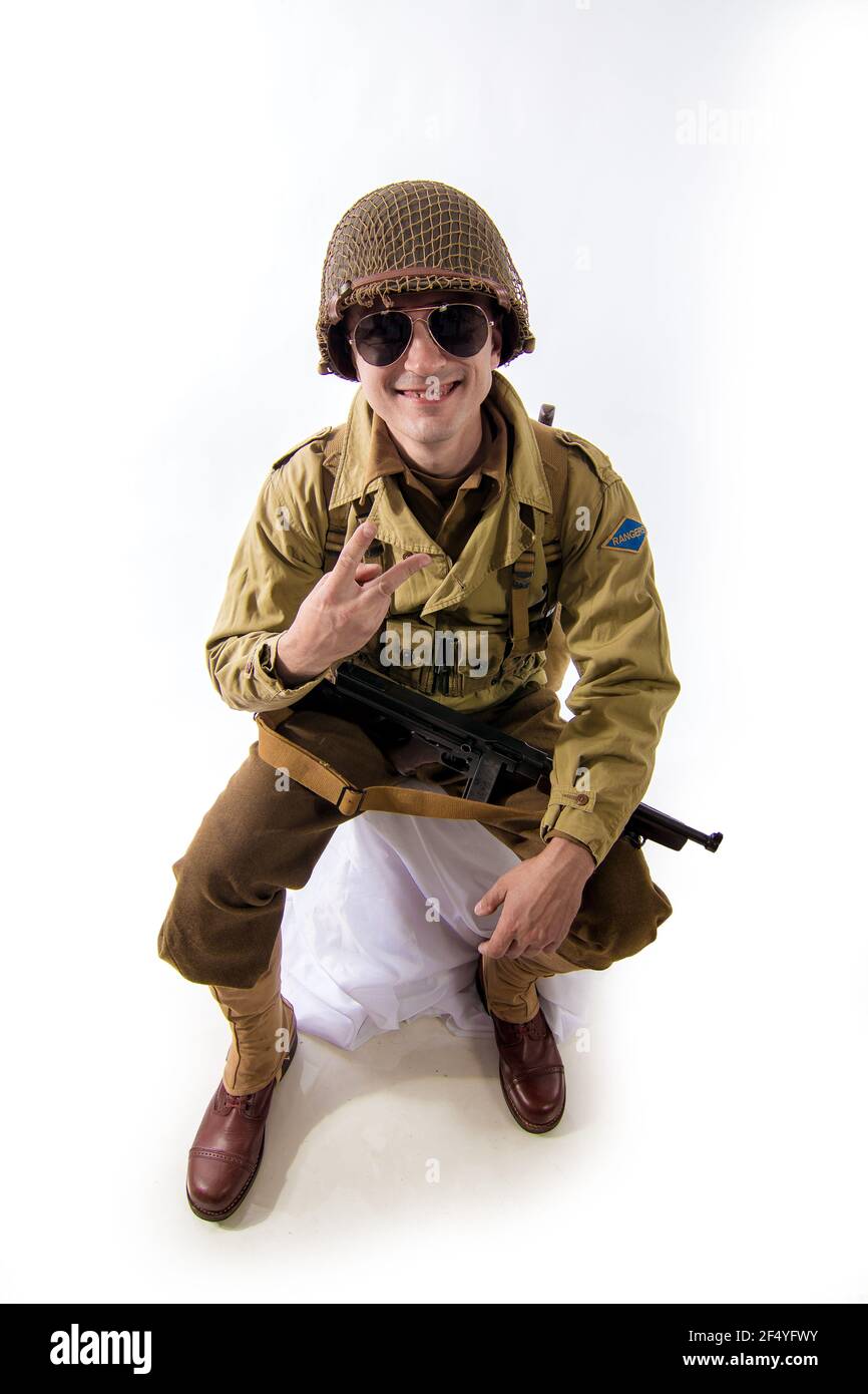 Man actor in military uniform of American ranger of World War II period ...