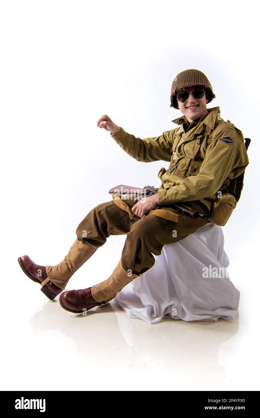 Male actor in military uniform of American ranger of World War II ...