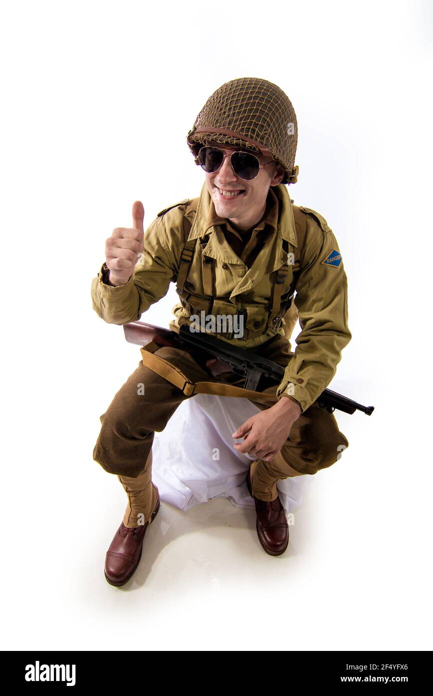 Male actor in military uniform of American ranger of World War II ...