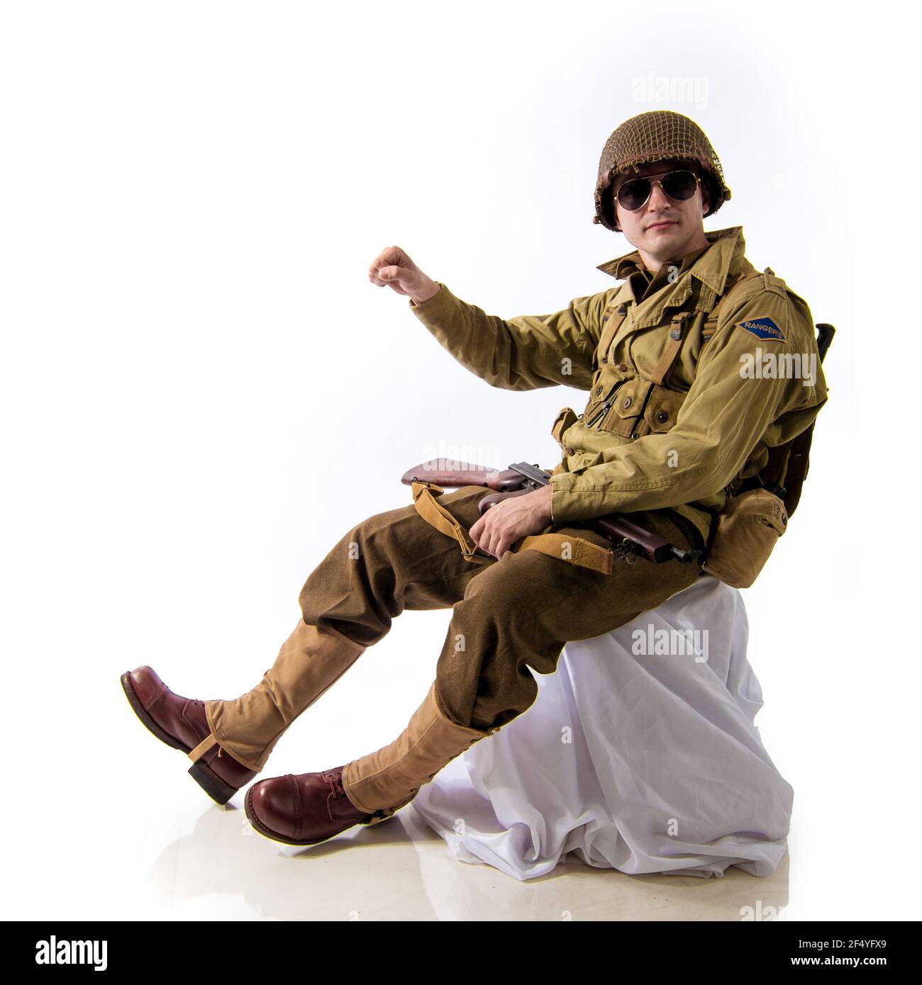 Male actor in military uniform of American ranger of World War II ...