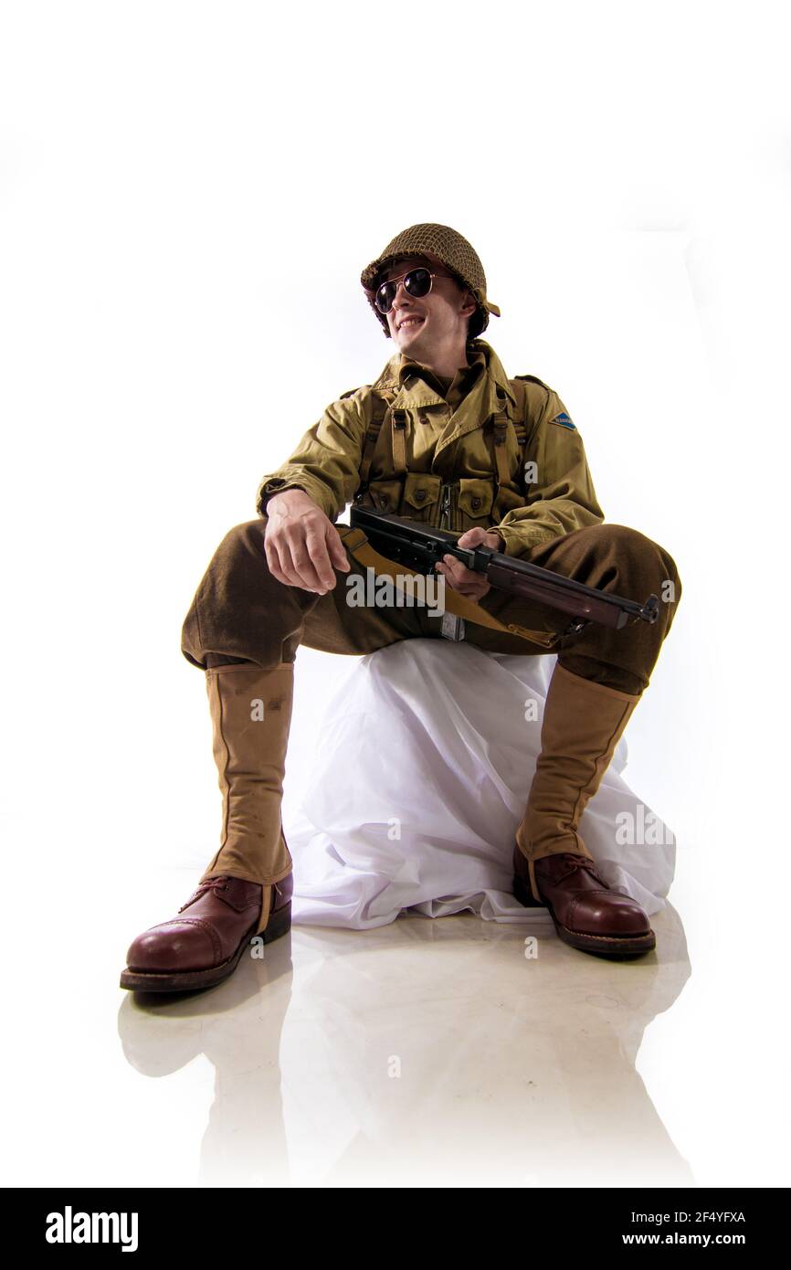 Male actor in military uniform of American ranger of World War II ...