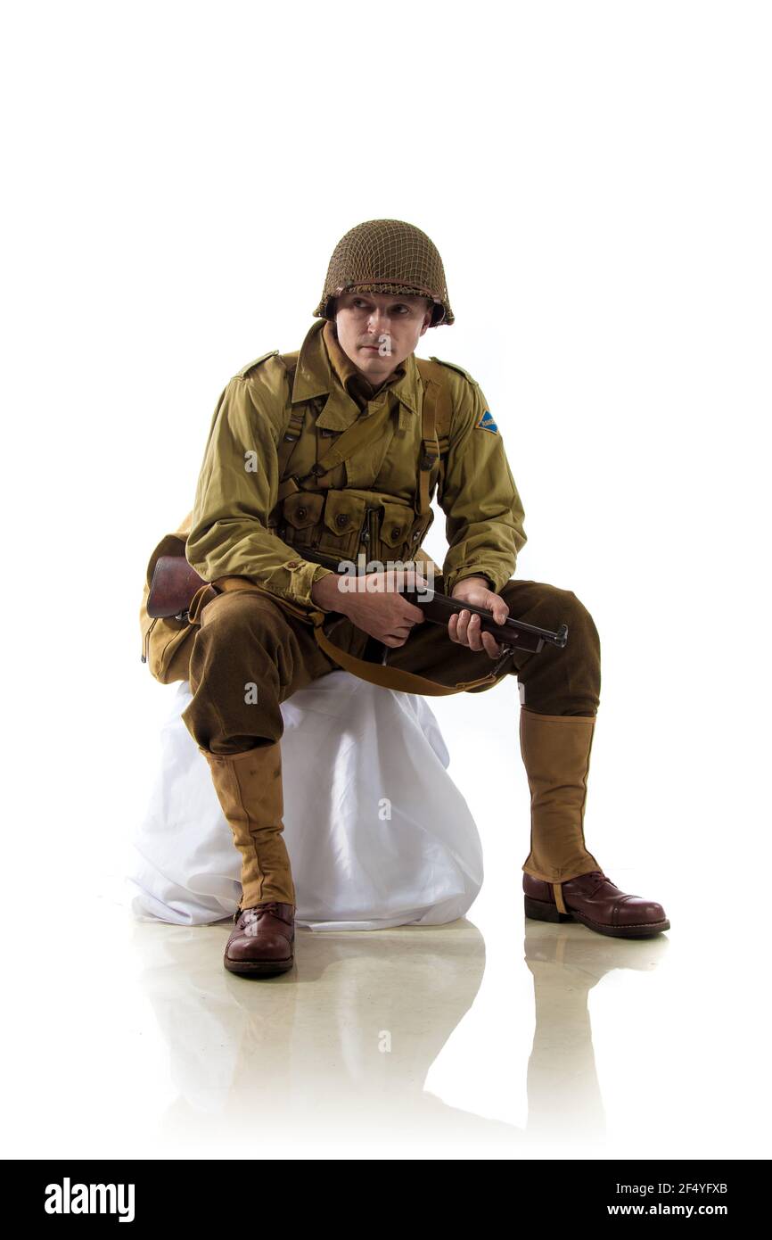 Male actor in military uniform of American ranger of World War II ...